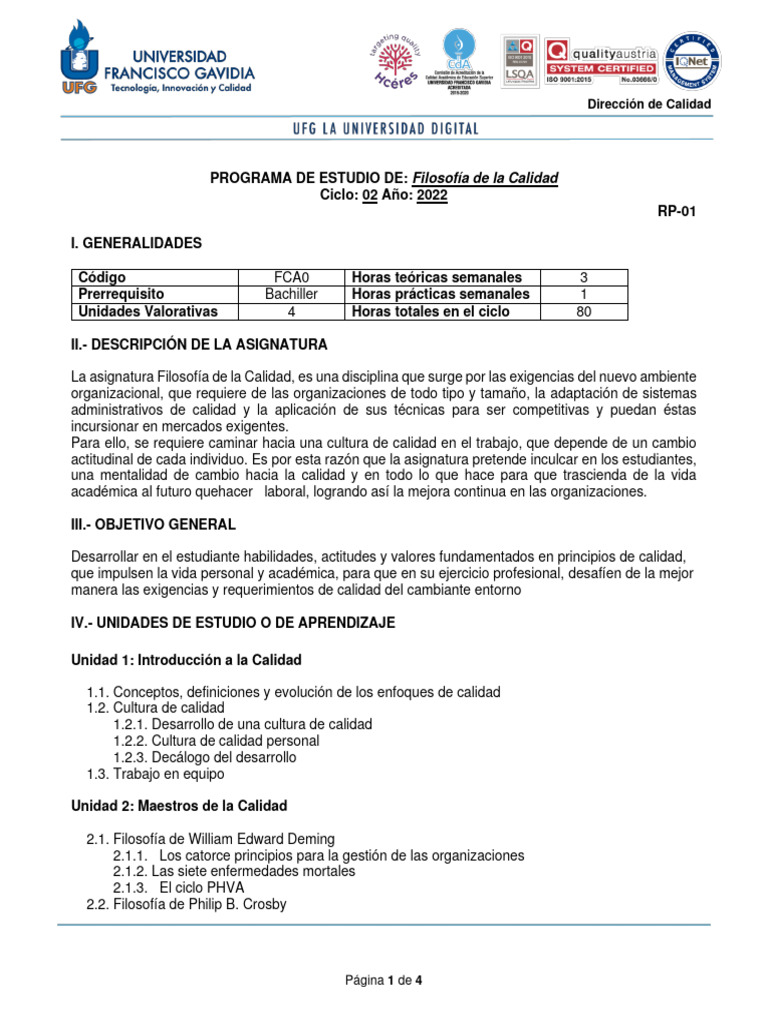 Filosofía de la Calidad: Programa 2022 | PDF | Calidad | Pensamiento ...