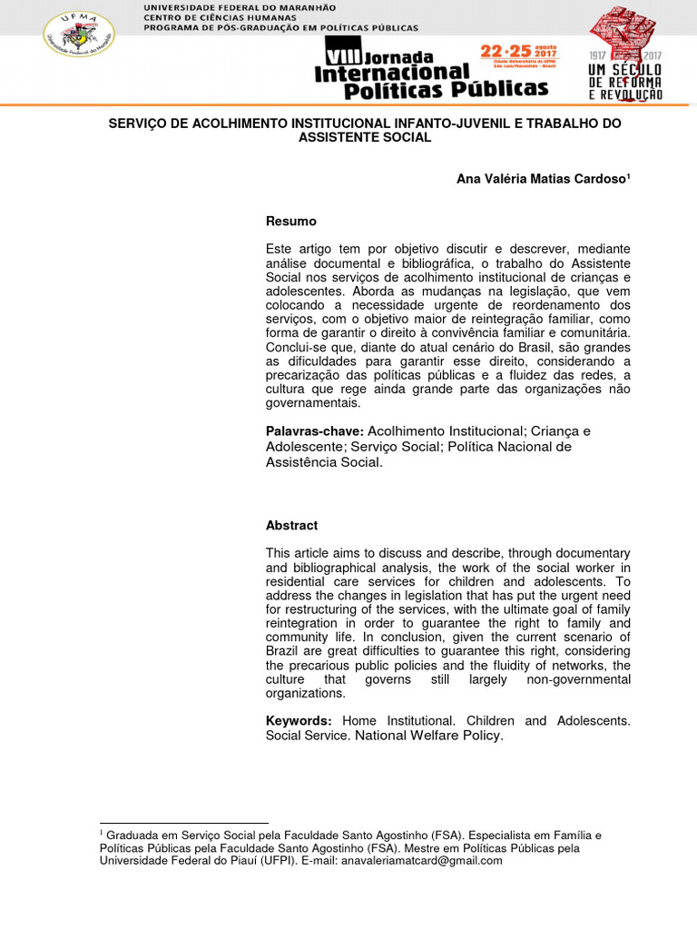 Trabalho do Assistente Social no Acolhimento Infantil | PDF | Família ...