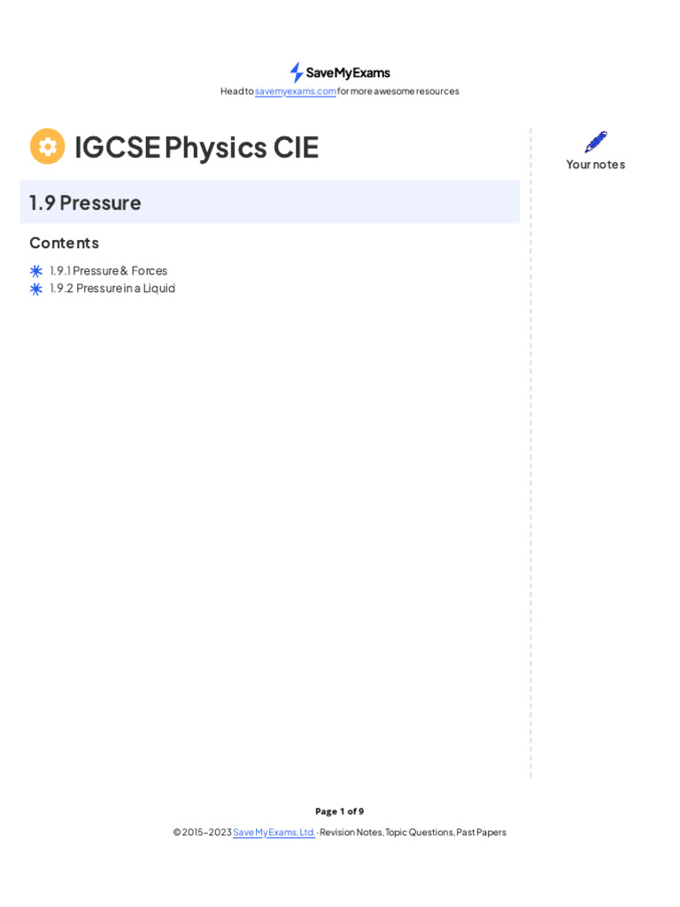 IGCSE Physics CIE: 1.9 Pressure | PDF | Pressure | Pascal (Unit)