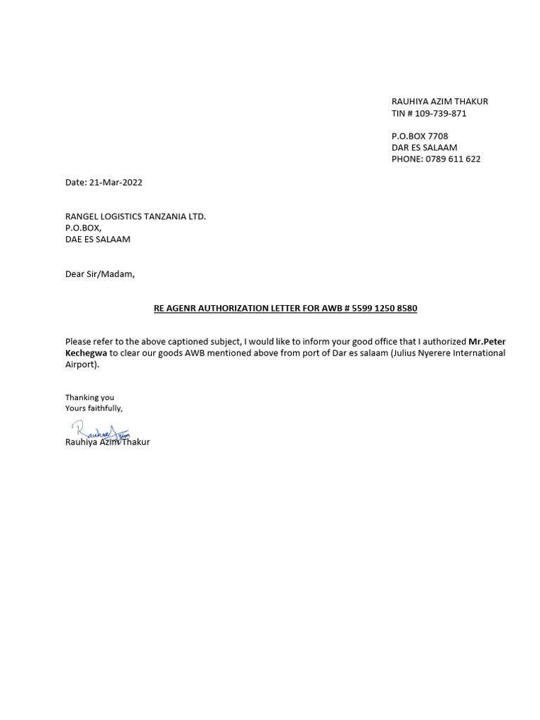 Auth. Letr For Clerance | PDF