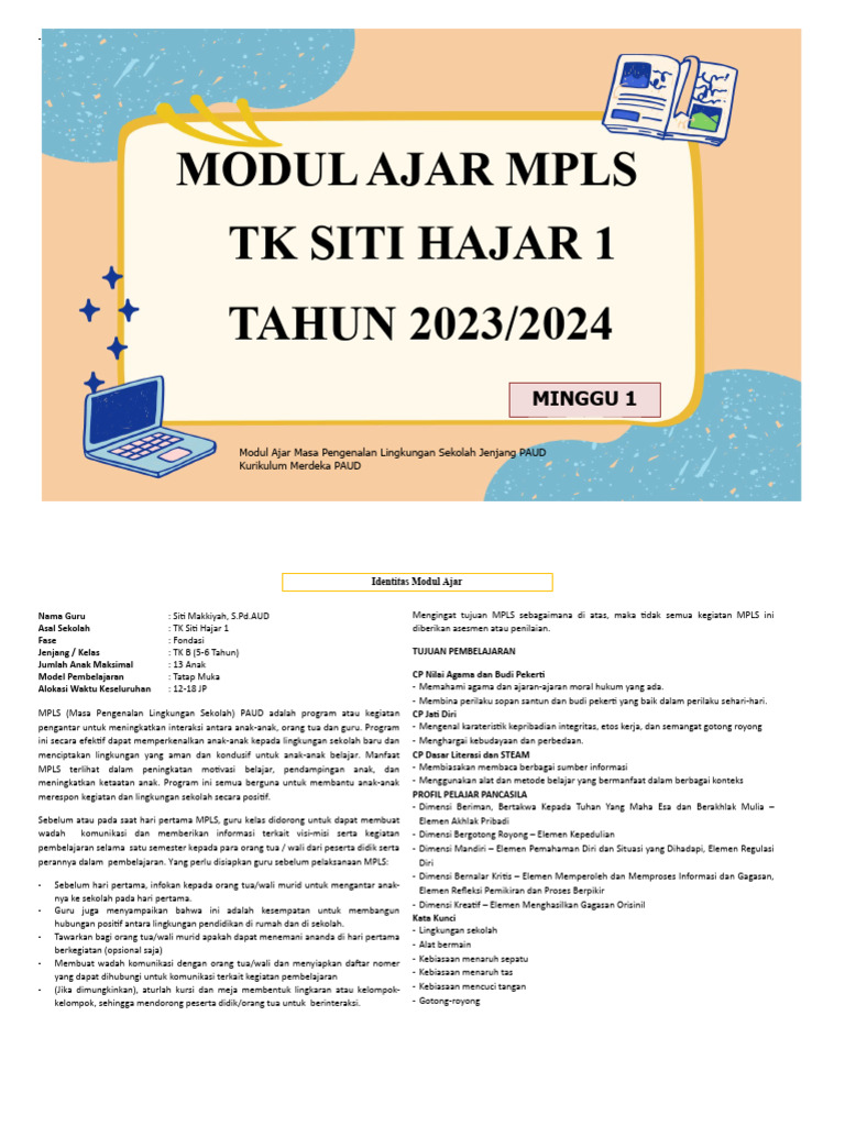 Modul MPLS PAUD TK Siti Hajar 1 2023 | PDF