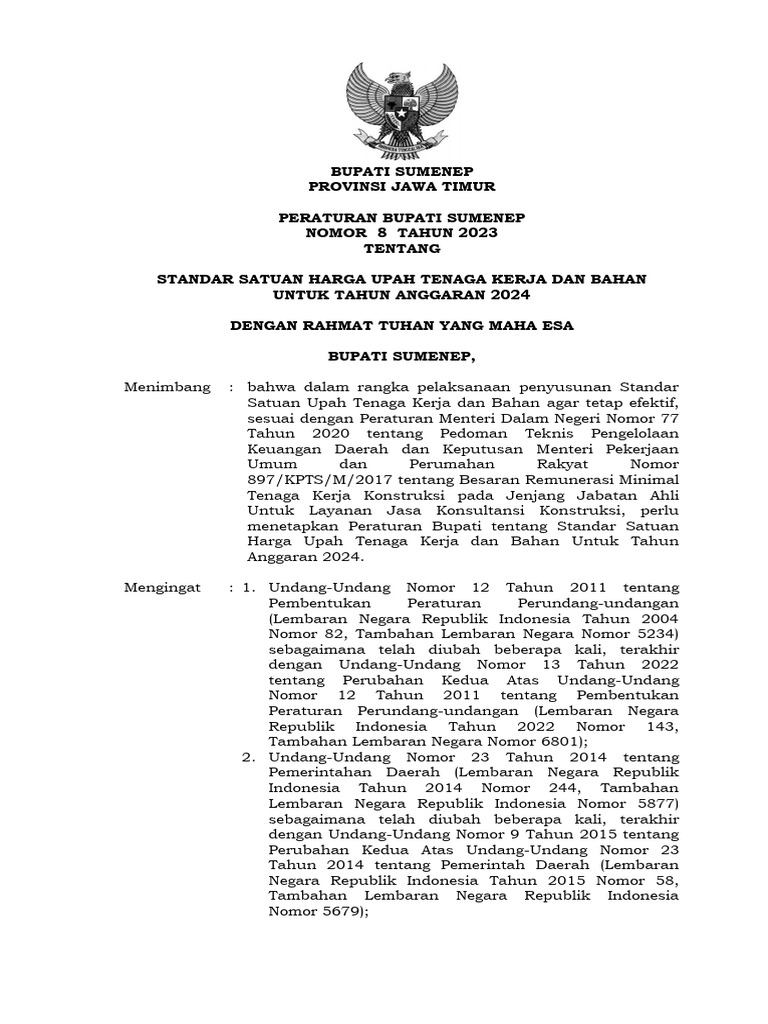 Perbup - 8 - 2023 SSH Upah Tenaga Kerja Dan Bahan Ta. 2024 | PDF