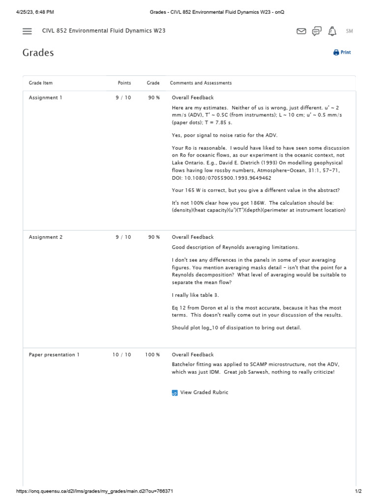 CIVL 852 Environmental Fluid Dynamics Grades | PDF | Continuum ...