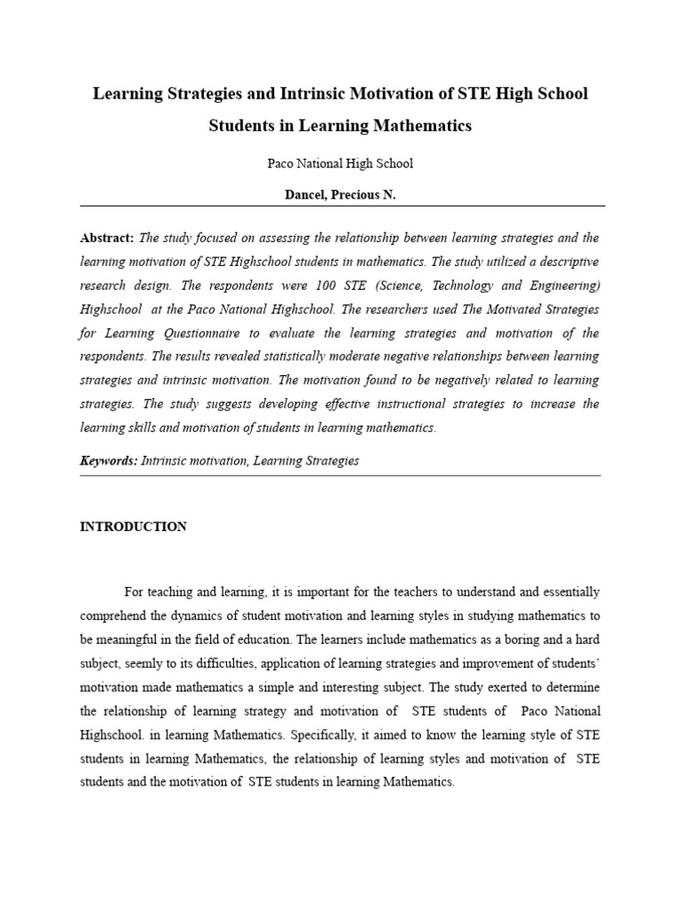 Learning Strategies and Intrinsic Motivation of BSE C Student in ...