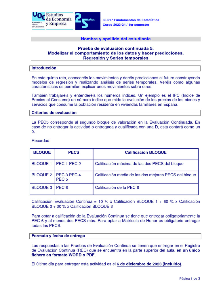 85617FundamentosDeEstadistica PEC5 25 Años | PDF | Análisis de regresión