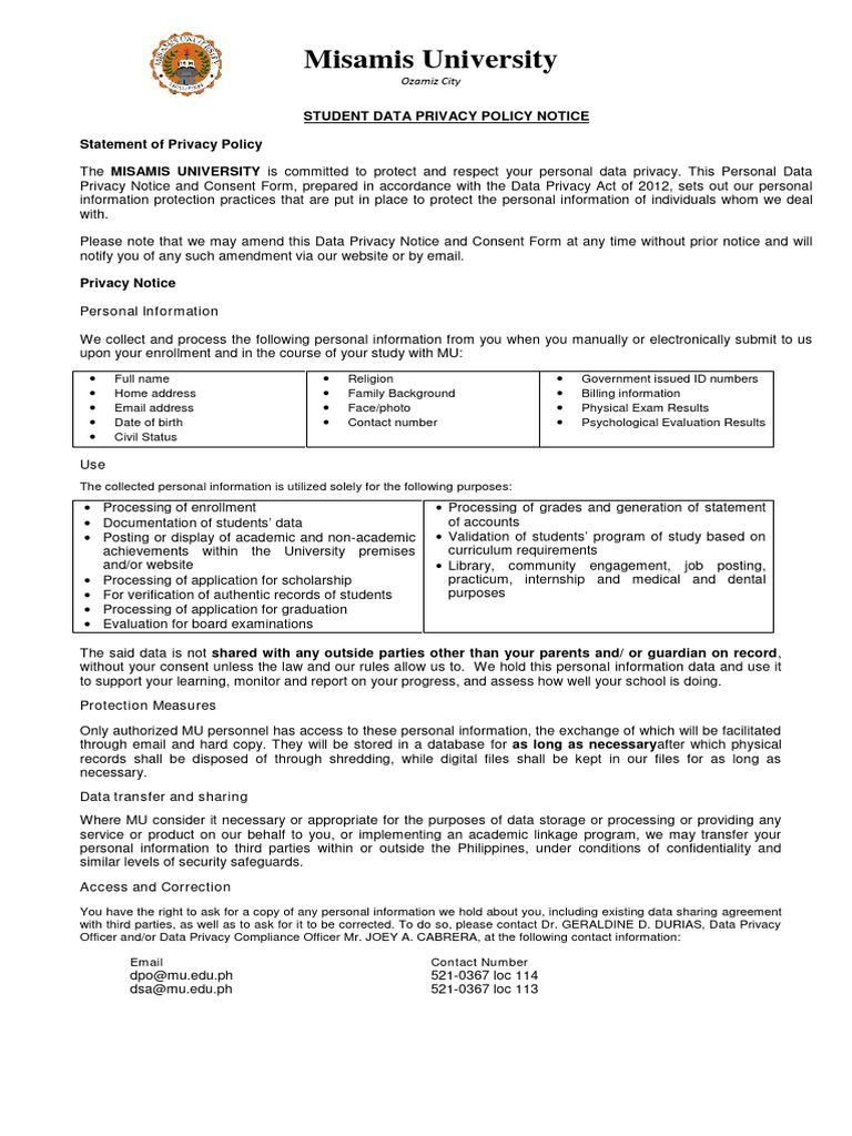 MU Privacy Policy, Notice and Consent Form - Students 06.05.18 | PDF ...