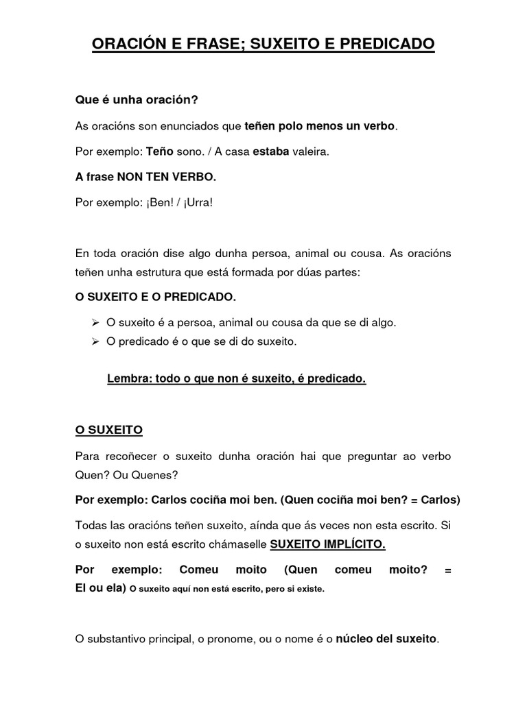 ORACIÓN Y FRASE; SUJETO Y PREDICADO GALEGO | PDF