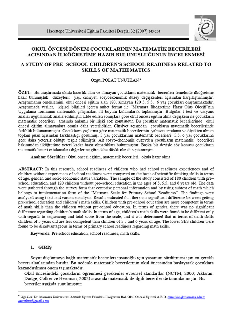 Okul Ncesi D Nem Ocuklar N N Matematik Becerileri A S Ndan LK Retime Haz R Bulunu Lu Unun ...