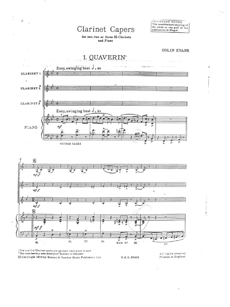 PARTITURA E. Colin - Clarinet Capers (For One, Two or Three BB Clarinets and Piano) | PDF