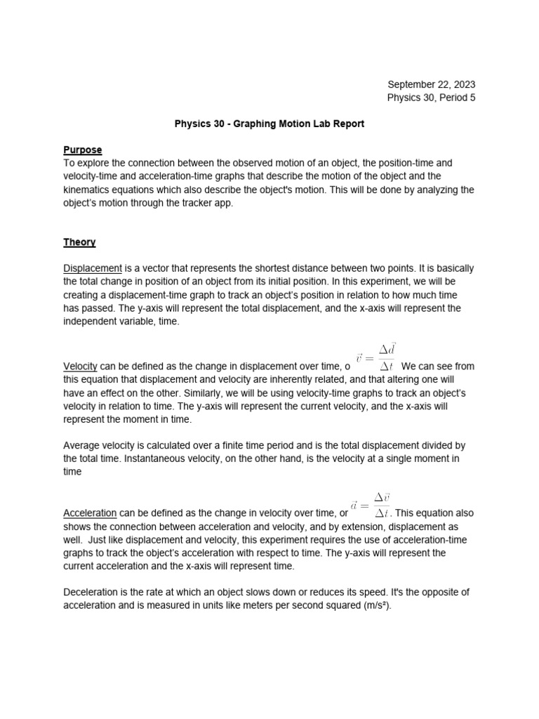Physics Motion Lab Report | PDF | Acceleration | Velocity