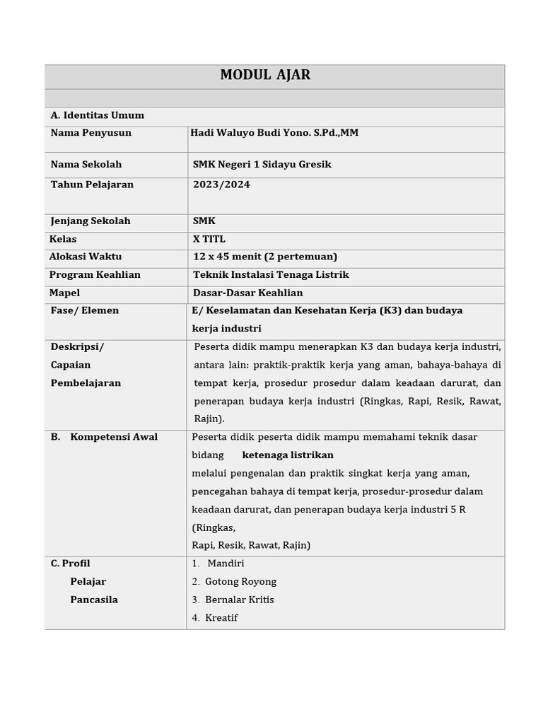 Modul Ajar k3 Hadi | PDF