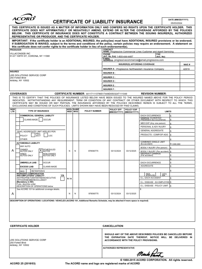 Certificate of Liability Insurance | PDF | Insurance | Business Law