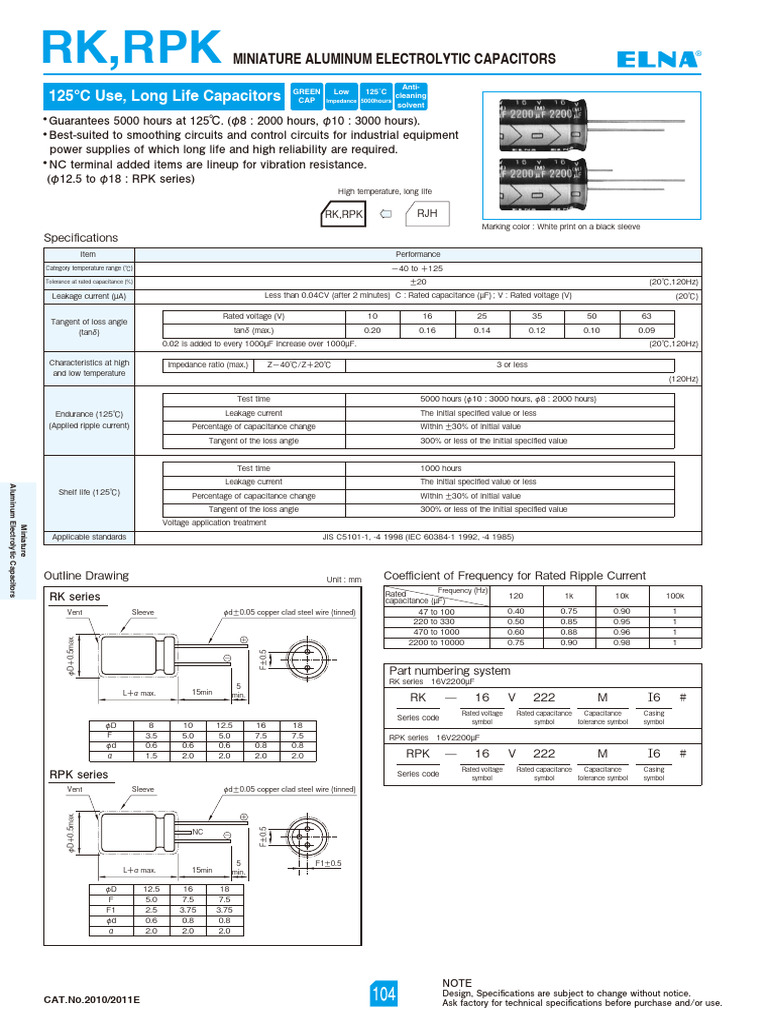 Elna (Radial Thru-Hole) RK-RPK Series | PDF | Capacitor | Capacitance