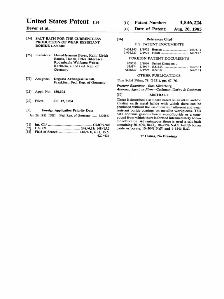 Salt Bath For The Currentless Production of Wear Resistant Boride ...