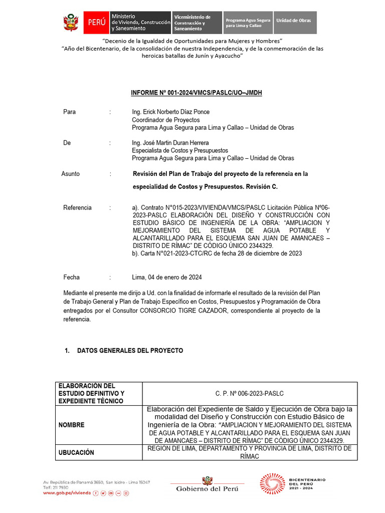 COSTOS Y PRESUPUESTOS - Informe #001-2024-VMSC-PASLC-UO-JMDH | PDF | Lima