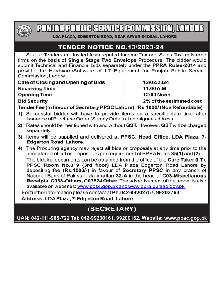 Tender Notice No. 13-2023-24 (Hardware Software of I.T Equipment Under ...