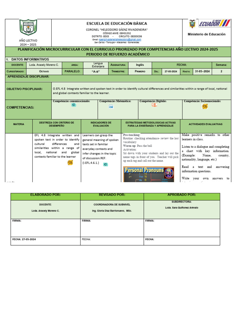 Planificacion de Refuerzo Ingles 8vos 27-05 Modificado | PDF