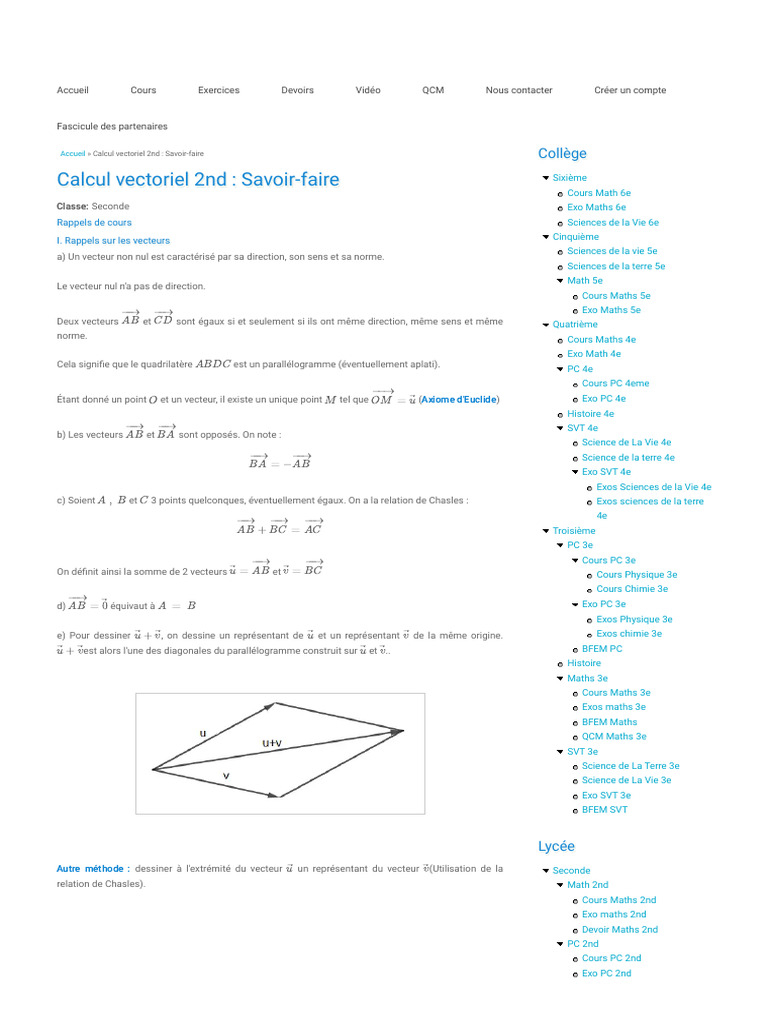 Calcul vectoriel en Seconde | PDF | Espace vectoriel | Algèbre générale