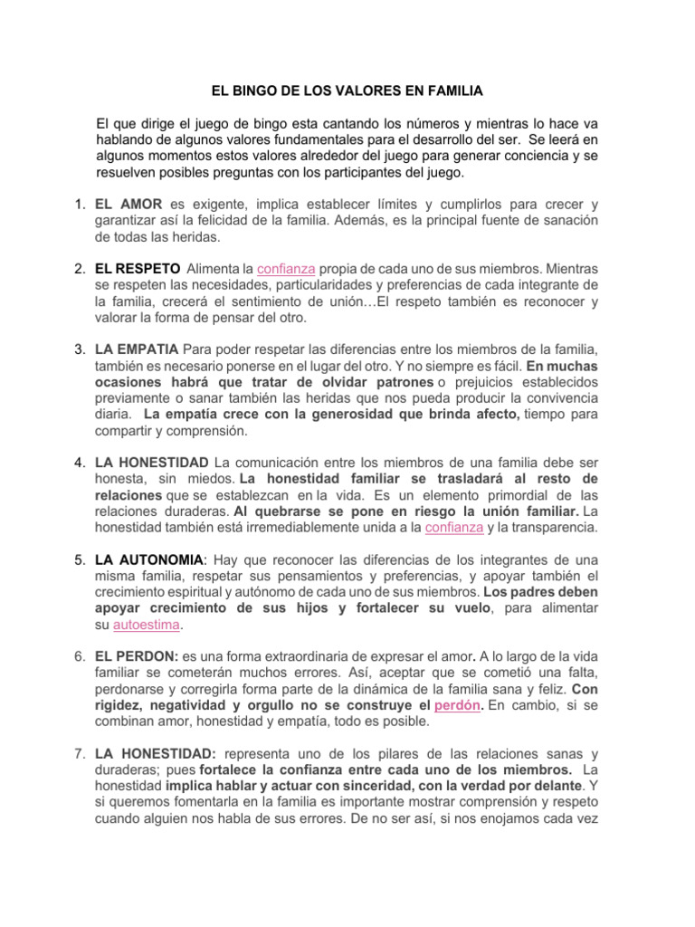 El Bingo de Los Valores en Familia | PDF | Amor | Tolerancia