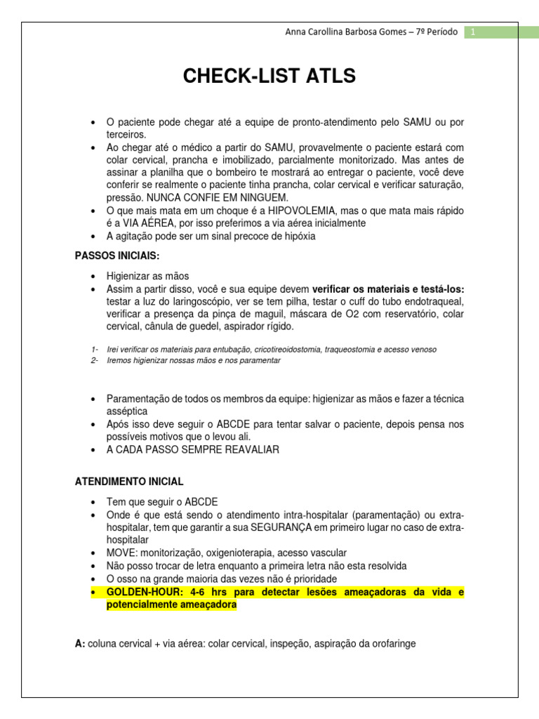 Check-List Atls | PDF | Choque (circulatório) | Coração