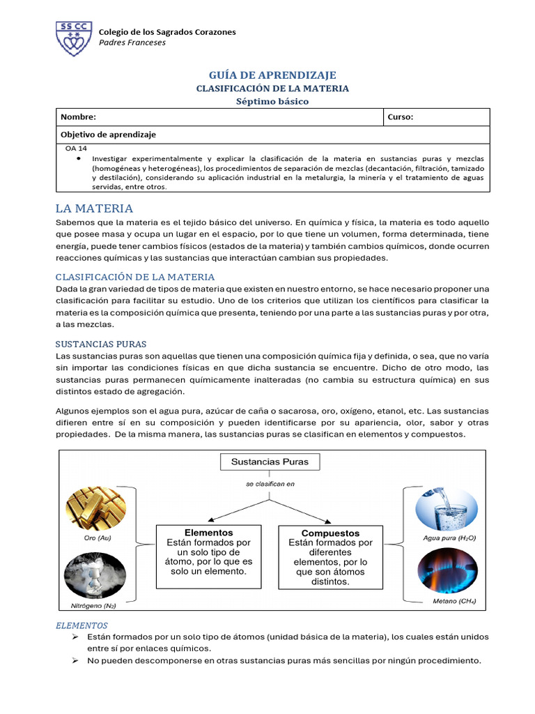 Guía Séptimo Básico - Clasificación de La Materia | PDF | Mezcla | Sustancias químicas