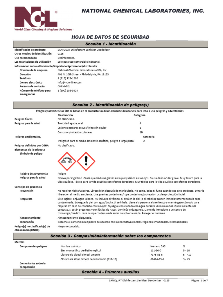 Saniquat Sds Spanish | PDF | Residuos | Vertedero