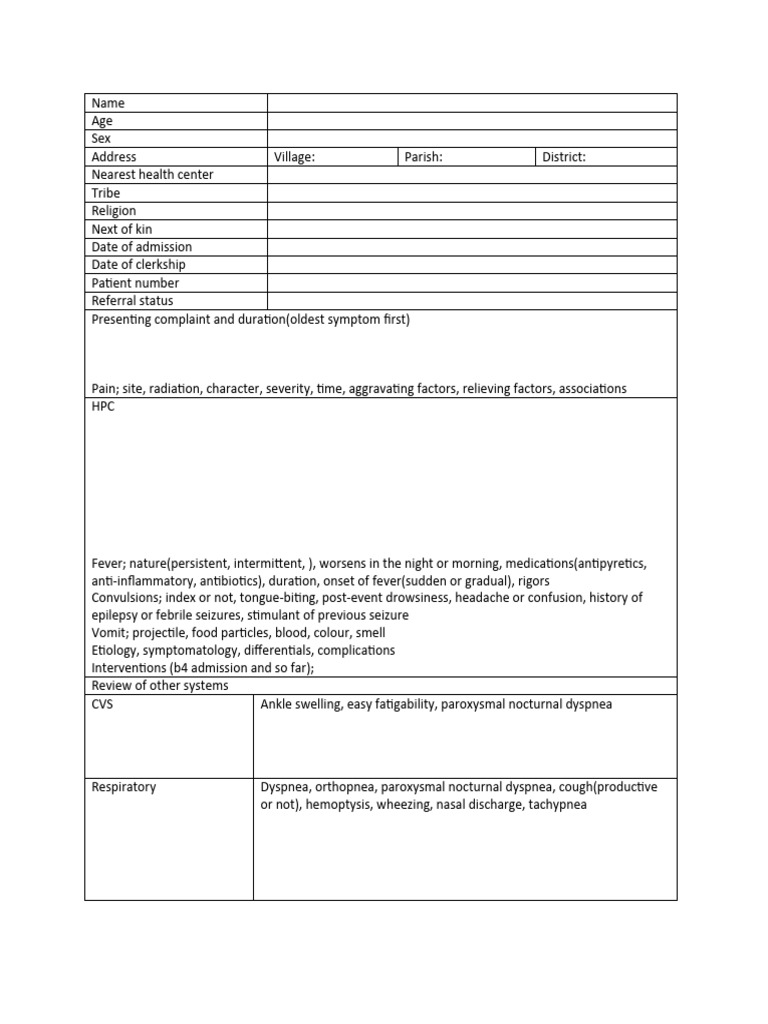 Clerking Form Paed | PDF