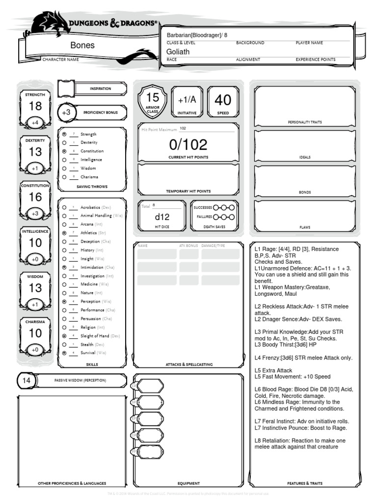 DND HomeBrew Barbarian (LVL 8) Example Character | PDF | Role Playing Video Games | D20 System