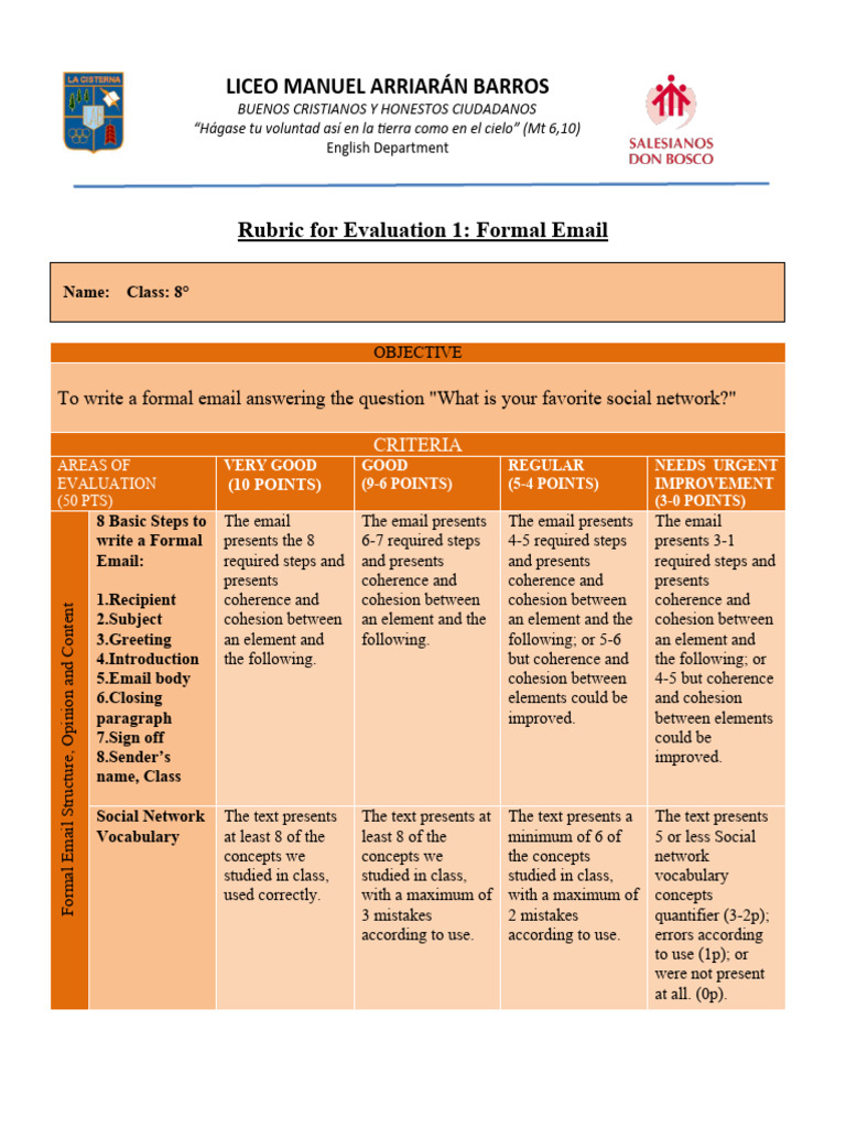 (Rubric) Evaluation 1, Formal Email | PDF | Linguistics | Human ...