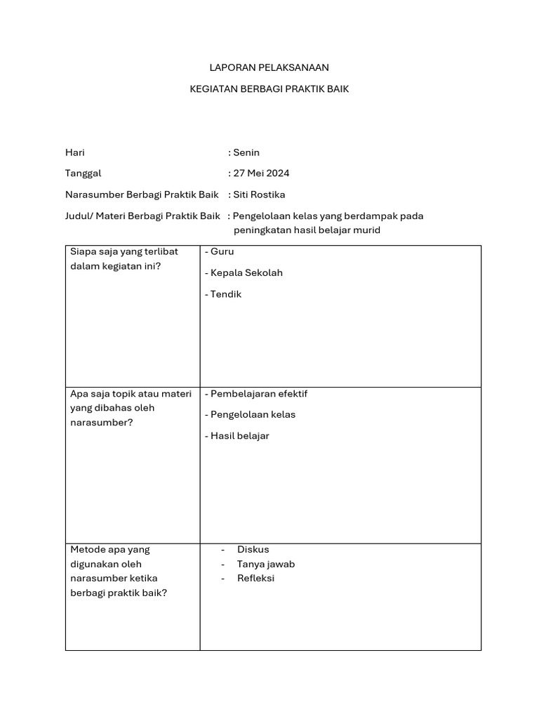 Laporan Pelaksanaan Kegiatan Berbagi Praktik Baik | PDF