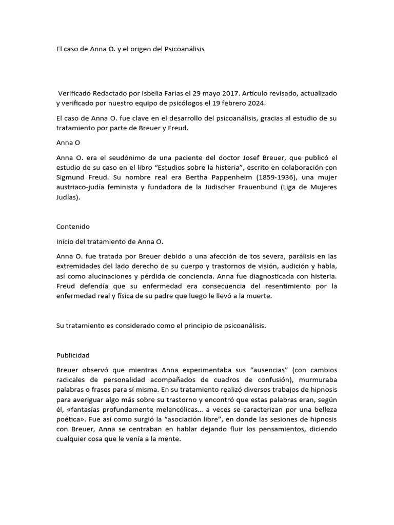 El Caso de Anna O | PDF | Sigmund Freud | Trauma psicólogico