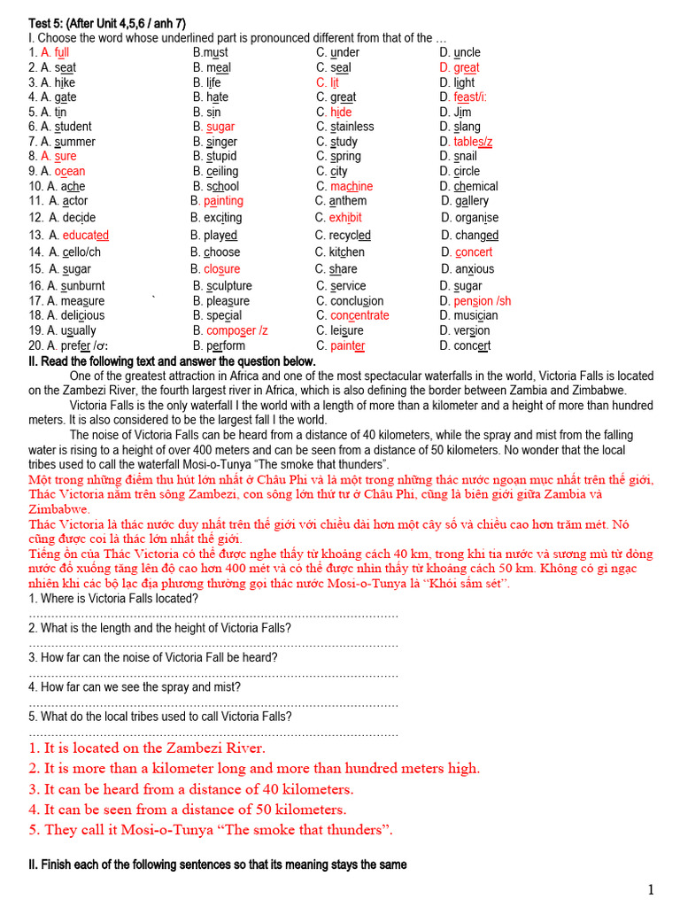 Keys Test 5 Ôn KTHKI (Anh 7) | PDF