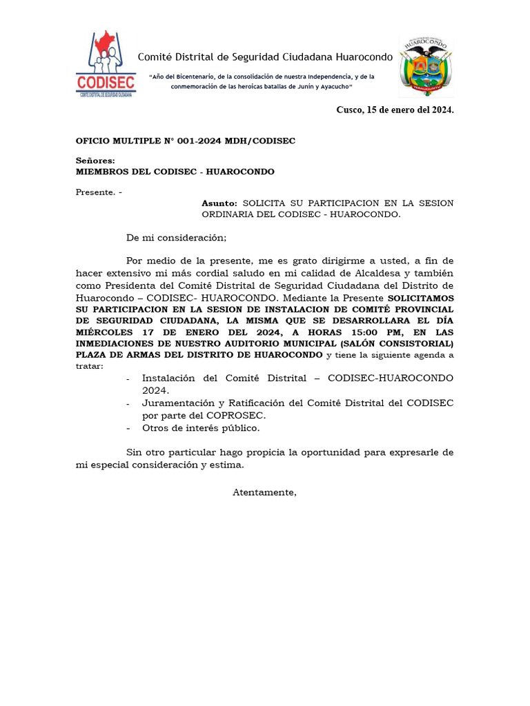 Oficio Multiple Nº001-2024 CODISEC HUAROCONDO | PDF