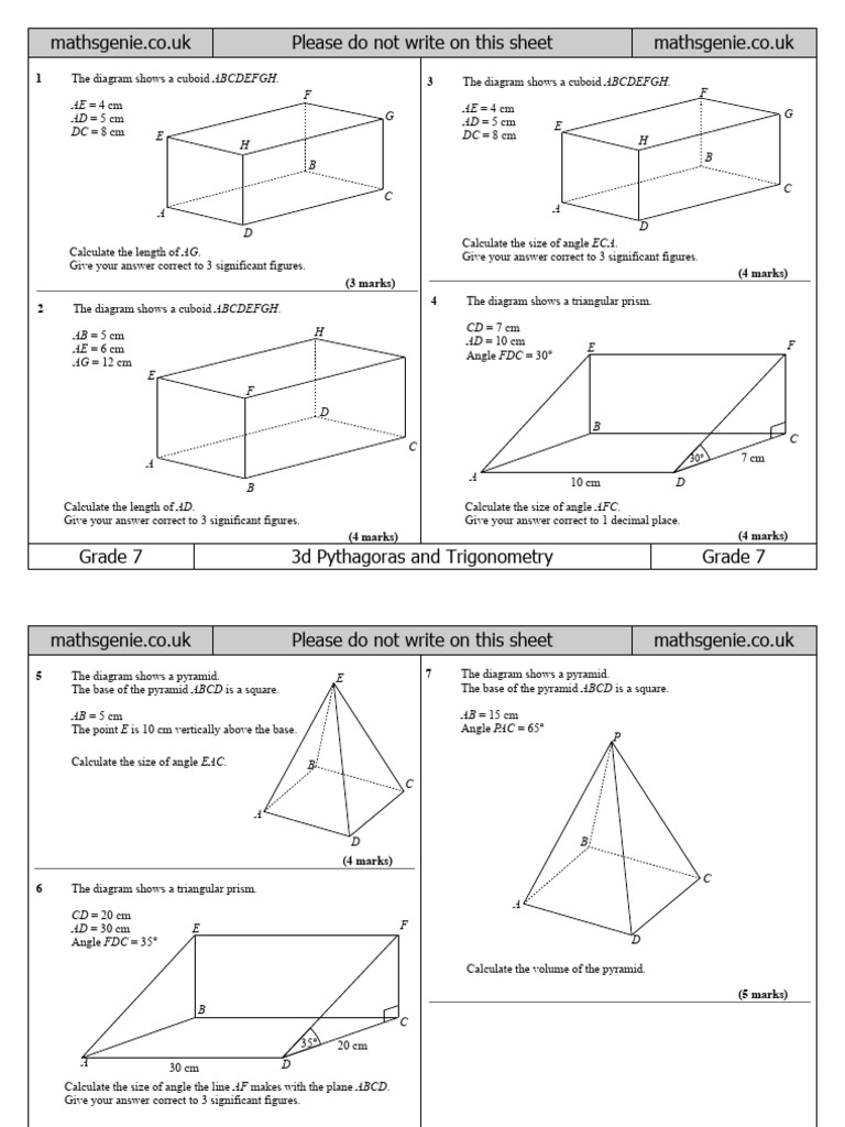 7 3d Pythagoras and Trigonometry Ws | Download Free PDF | Euclidean Plane Geometry | Geometric ...