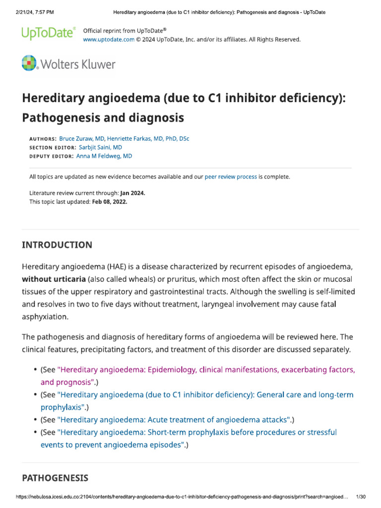 Hereditary Angioedema (Due To C1 Inhibitor Deficiency) - Pathogenesis ...