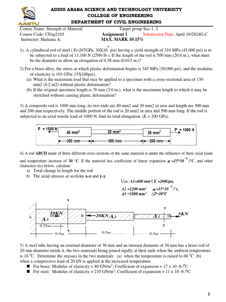 Strength of Materials Assignment 1 | PDF | Strength Of Materials | Bending