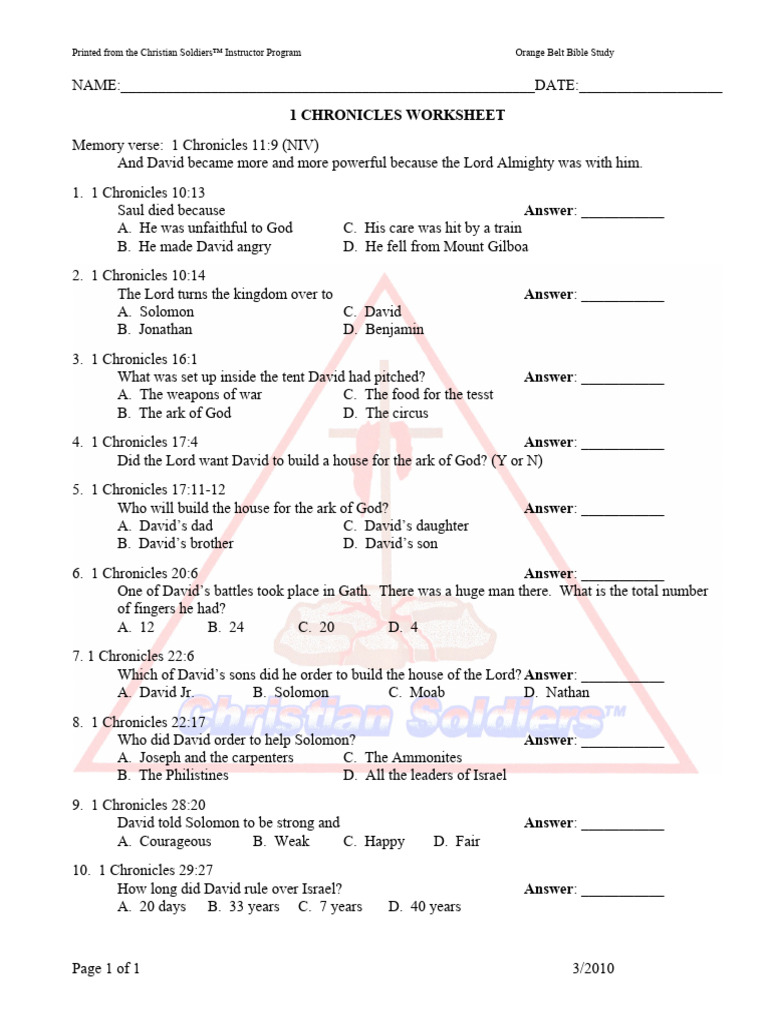 Worksheet 3: Gold-I Chronicles | PDF | David | Bible Content