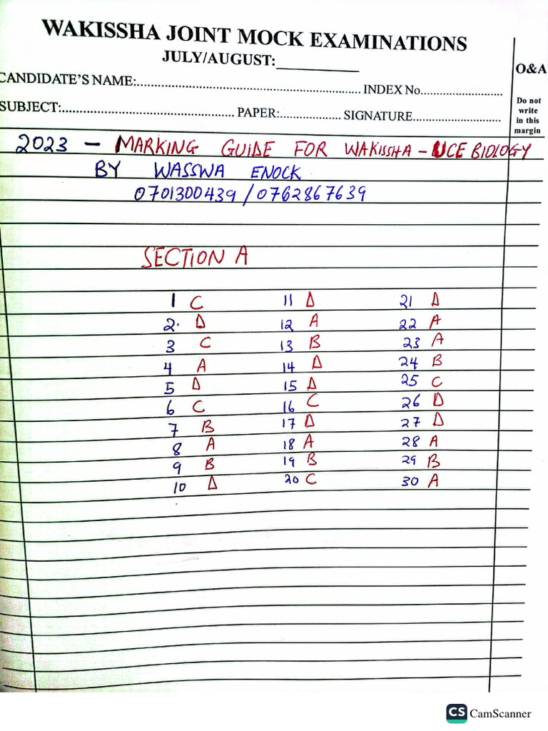 Wakissha Joint Mock Examinations Biology S.4 Making Guide | PDF