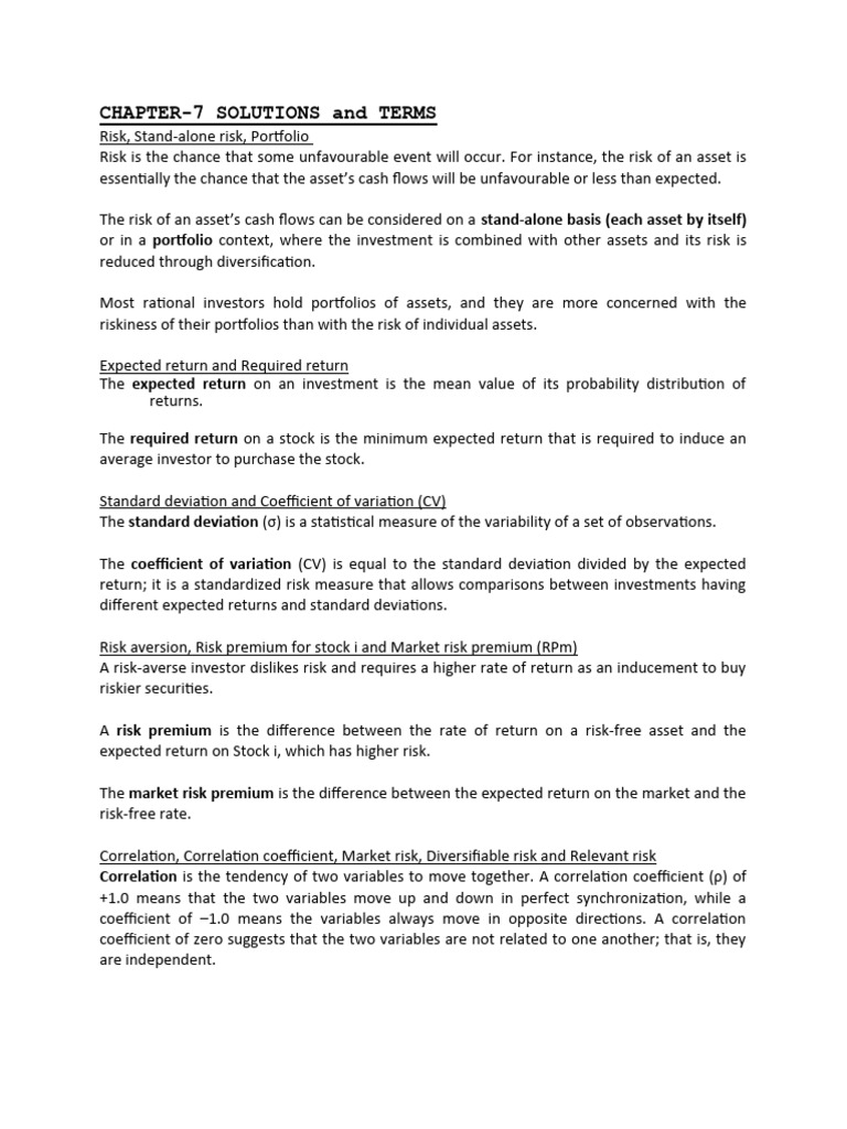 CHAPTER 7 Solutions and Terms | PDF | Financial Risk | Capital Asset Pricing Model