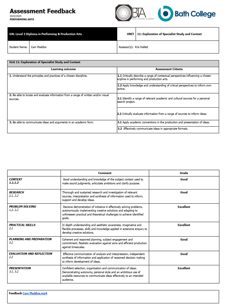 Performing Arts Assessment Feedback 2024 | PDF | Evaluation | Knowledge