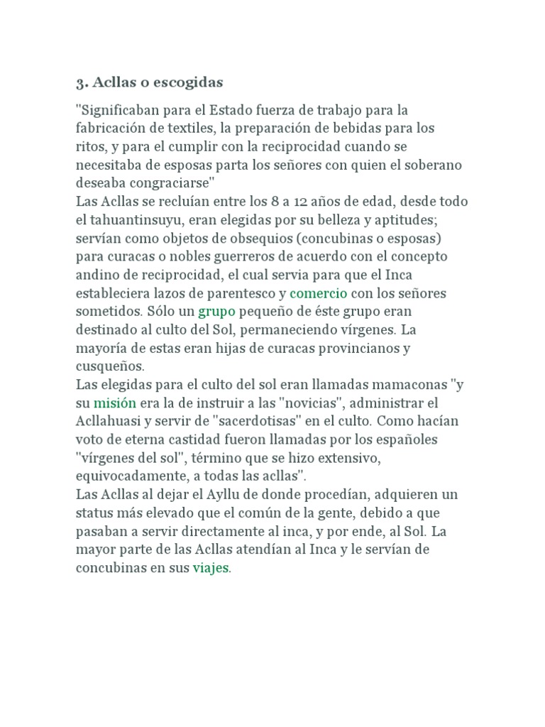 Acllas Resumen | PDF | Harén | Imperio Inca