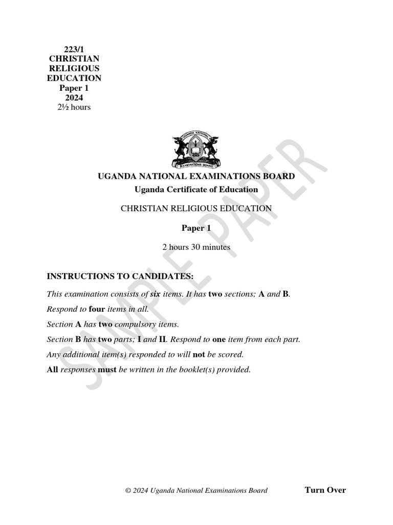2231 Christian Religious Education UNEB Sample Paper New Curriculum ...