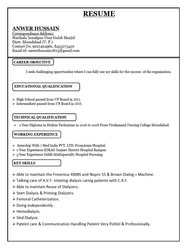 Dialysis Technician Resume - Anwer Hussain | PDF