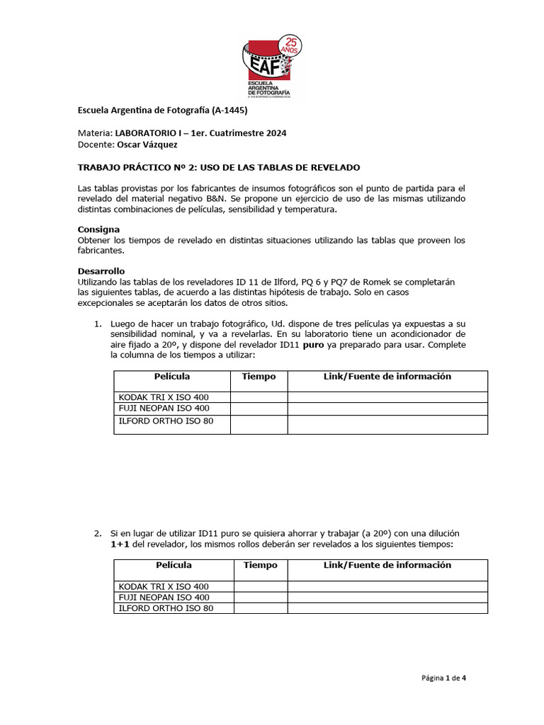 Laboratorio 1-TP 2-Tablas de Revelado | PDF