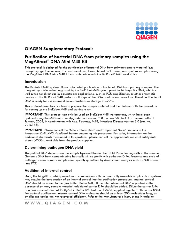 MA26 Purification of Bacterial DNA From Primary Samples Using The MagAttract DNA Mini M48 Kit ...