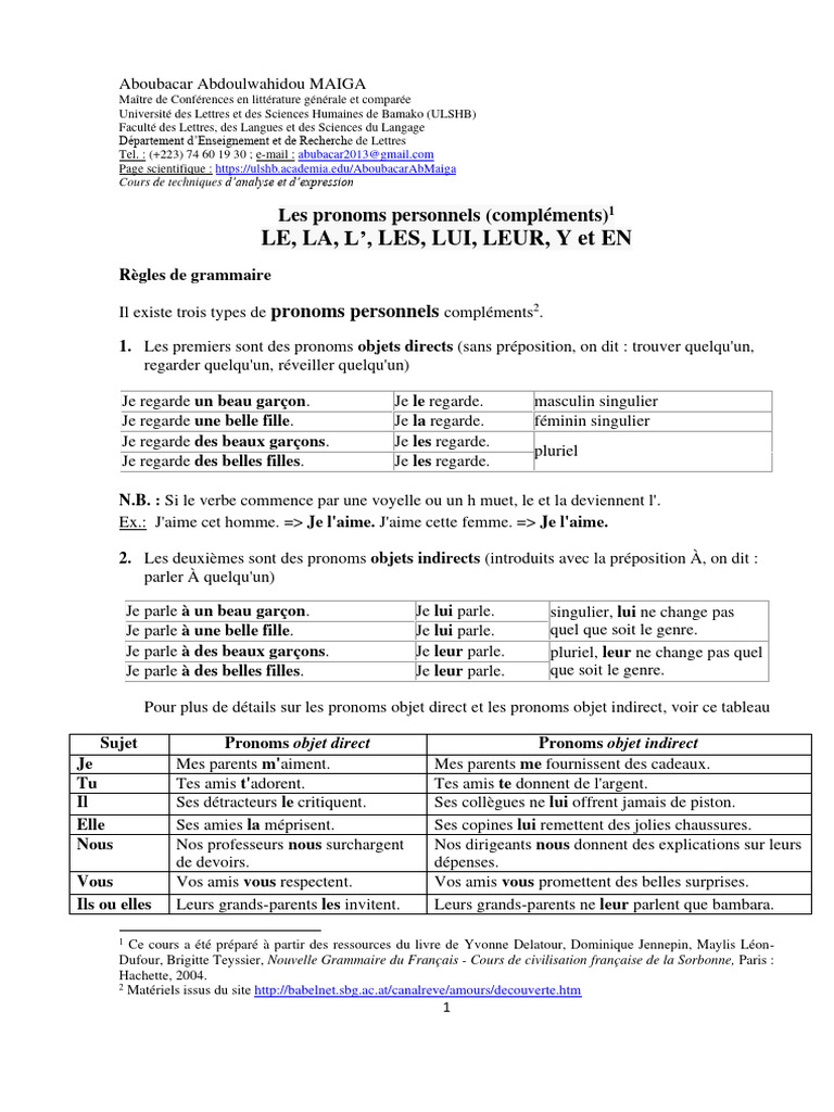 DR Aboubacar Maiga - Les Pronoms Personnels Complã©ment LE, LES, LUI ...