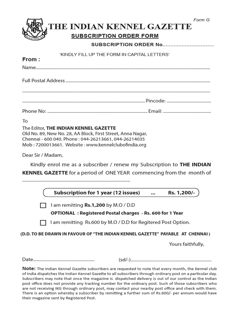 Subscription Form for Indian Kennel Gazette | PDF | Written ...