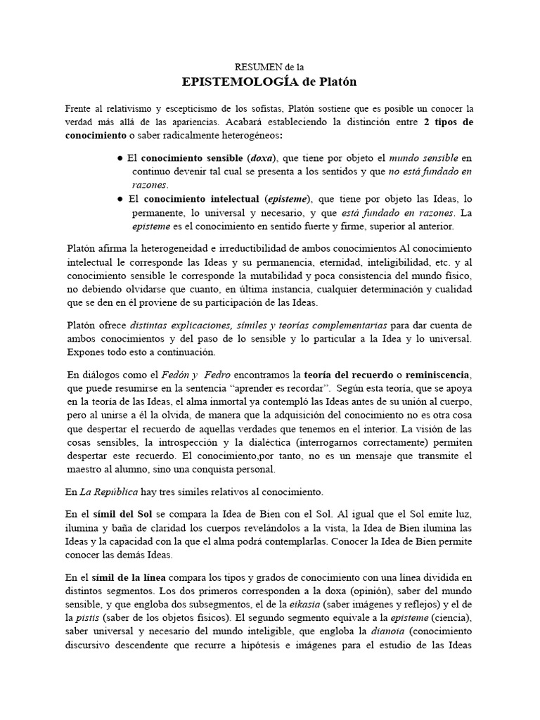 Resumen Epistemolog-A de Plat-N | PDF | Platón | Conocimiento