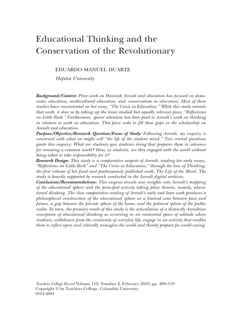 Educational Thinking and The Conservatio | PDF | Hannah Arendt | Thought