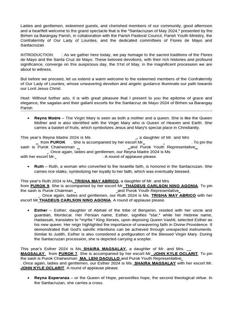 Flores Culmination Script | PDF | Esther | Rebecca